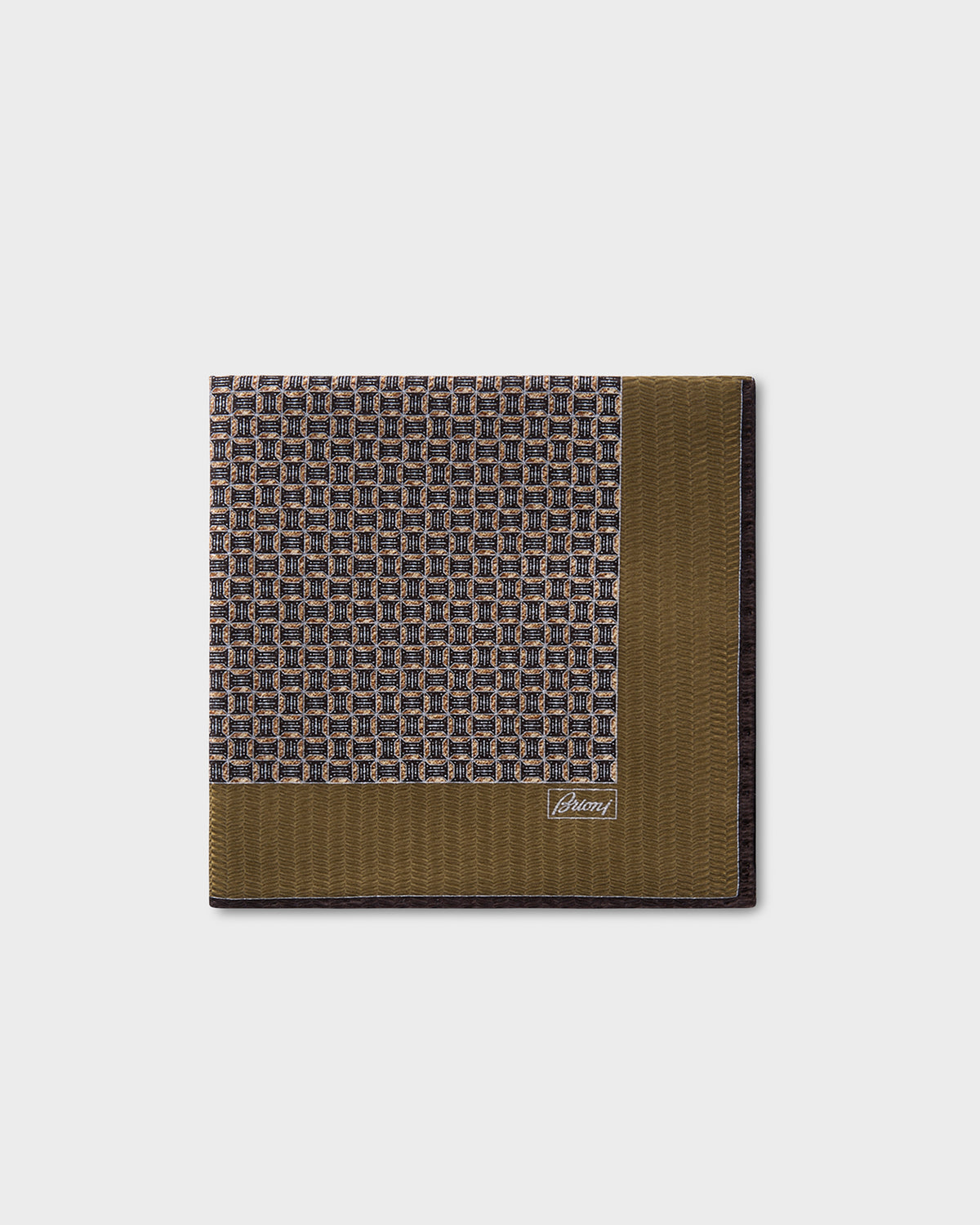 Brioni Navy Green And Dark Brown Geo Pattern Silk Pocket Square– Parker ...